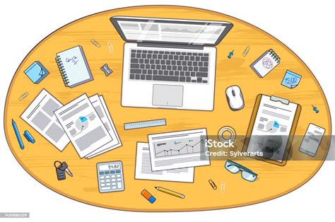 작업 책상 작업 영역 상단 보기 Pc 노트북 및 분석 논문 그래프와 데이터 및 편지지 개체와 함께 테이블에 모든 요소는 별도로