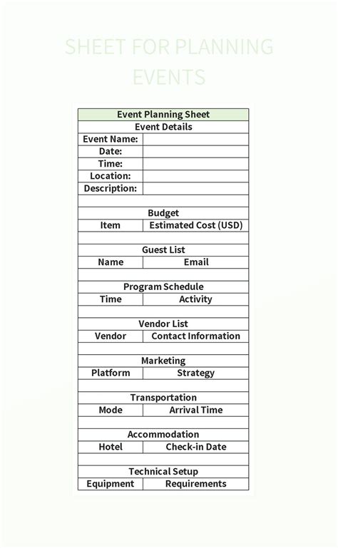 Sheet For Planning Events Excel Template And Google Sheets File For Free Download Slidesdocs
