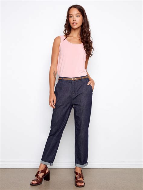 Womens Belted Slim Leg Denim Pants Deep Blue Charlie B Charlie B