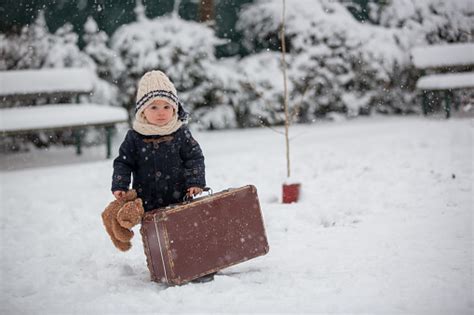 눈 겨울 시간에 테디와 놀고 아기 겨울 공원에서 야외에서 놀고 가방과 테디 베어를 들고 파란색 코트를 입은 어린 유아 소년 겨울에 대한 스톡 사진 및 기타 이미지 Istock