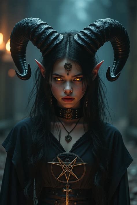 Girl Glowing Eyes Horns Pentagram Baphomet Dark Fantasy Seaart Ai