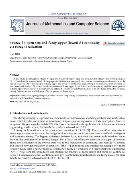 Pdf R Fuzzy δ ℓ Open Sets And Fuzzy Upper Lower δ ℓ Continuity Via