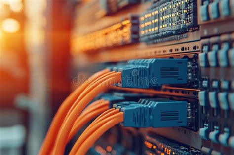Orange And Blue Ethernet Cables Plugged Into A Network Switch Symbolizing Digital Communication