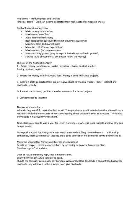 Corporate Finance 1 Lecture Notes Real Assets Produce Goods And Services Financial Assets