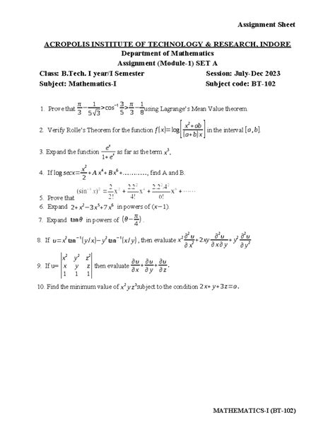 Assignment Sheet U 1 Set A Math Problems For Btech I Sem Studocu