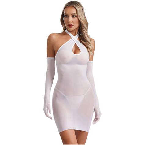 Womens Glossy See Through Bodycon Dress With Long Gloves Chest Crossing
