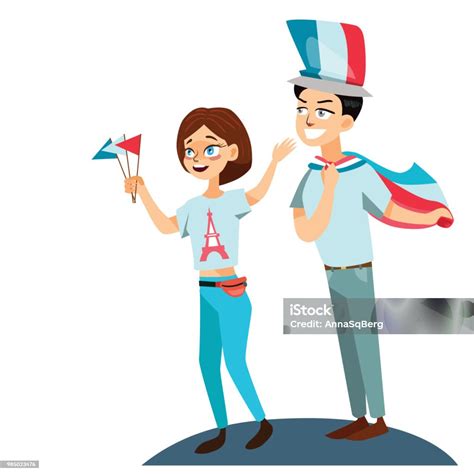 남자와 여자 공휴일에 프랑스 플래그 손에 바스티유 데 벡터 일러스트 레이 션에 에펠 탑의 배경에 대 한 길을 걷고 사람들 14에 대한 스톡 벡터 아트 및 기타 이미지
