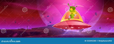 Cute Alien In Spaceship Hover Above Planet Surface Stock Vector
