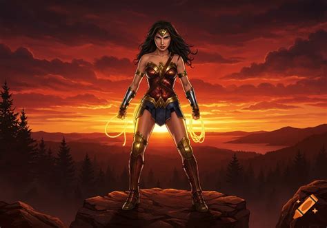 Wonder Woman Stands Heroically On A Rock With Her Glowing Lasso