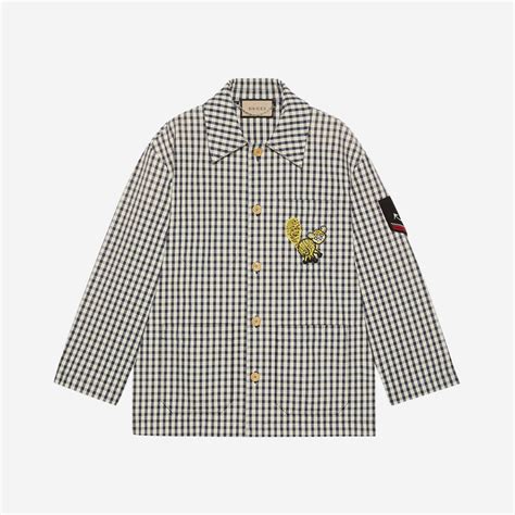 구찌 프레야 하타스 패치 코튼 깅엄 자켓 블루 화이트 Gucci Kream