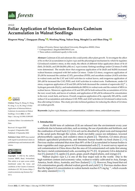 Pdf Foliar Application Of Selenium Reduces Cadmium Accumulation In Walnut Seedlings