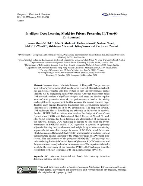 Pdf Intelligent Deep Learning Model For Privacy Preserving Iiot On 6g