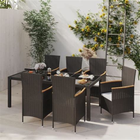 Vidaxl 7 Piece Patio Dining Set With Cushions Poly Rattan Black 748