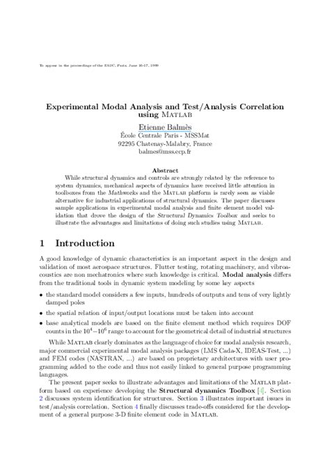 Pdf Experimental Modal Analysis And Test Analysis Correlation