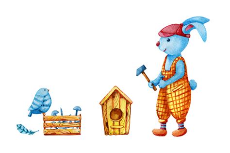 만화 귀여운 토끼는 봄을 준비하고 새를위한 새집을 만든다 흰색 배경에 격리 된 손 수채화 그림입니다 어린이 및 휴일 제품을 위한 디자인 드로잉에 대한 스톡 벡터 아트 및