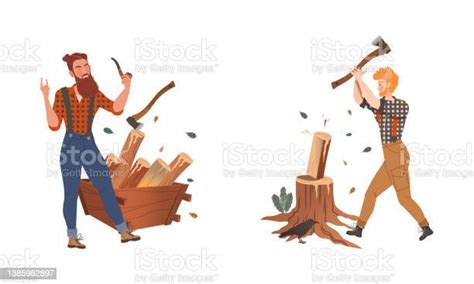 도끼 세트로 나무를 자르는 목재 잭 격자 무늬 셔츠 만화 벡터 일러스트로 업계 종사자 로깅 개체 그룹에 대한 스톡 벡터 아트 및 기타 이미지 Istock