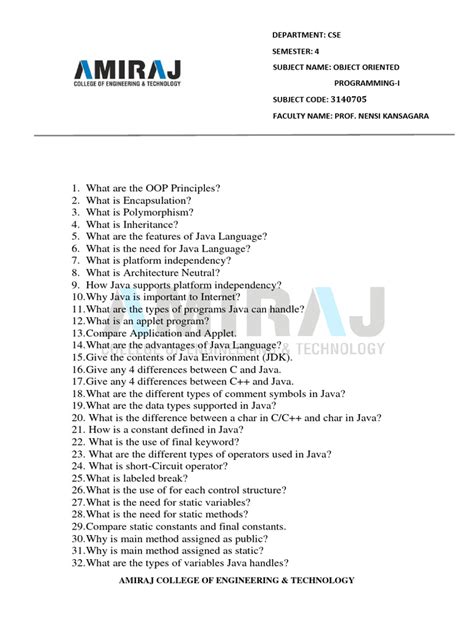 Oop I Question Bank Pdf Class Computer Programming Method Computer Programming