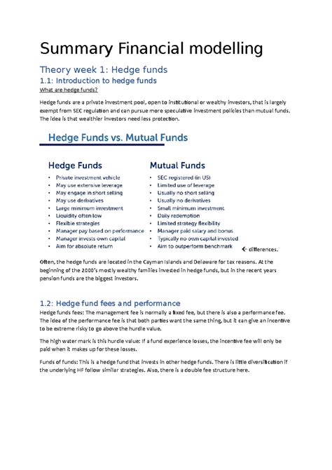 Summary Financial Modelling Summary Financial Modelling Theory Week 1 Hedge Funds 1