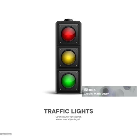 흰색 배경에 고립 된 3d 현실적인 상세한 도로 신호등이있는 벡터 배너 안전 규칙 개념 디자인 템플테 스톱라이트 신호등 템플릿