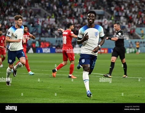Englands Bukayo Saka Reacts After Scoring Teams Second Goal During