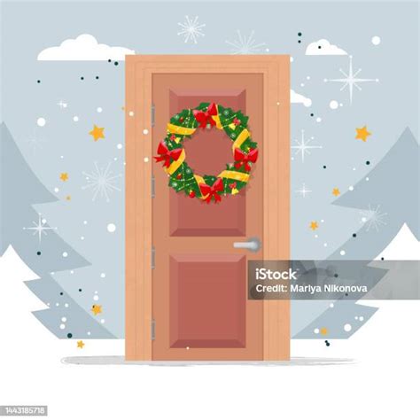 문 평면 디자인의 크리스마스 화환 개념이 있는 전통적인 크리스마스 문 메리 크리스마스와 새해 복 많이 받으세요 겨울 방학 공휴일에 대한 스톡 벡터 아트 및 기타 이미지