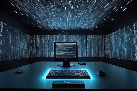 A Dark Room With Binary Code And Data Flowing In The Air A Computer