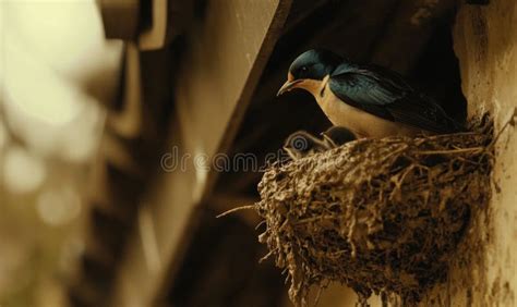 A Swallow Feeding Its Chick In A Mud Nest Under The Eaves Of A House