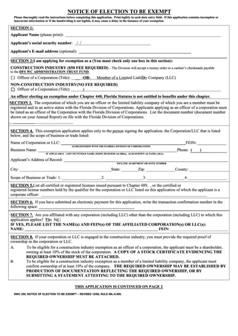 Form Dwc 250 Notice Of Election To Be Exempt Printable Pdf Download