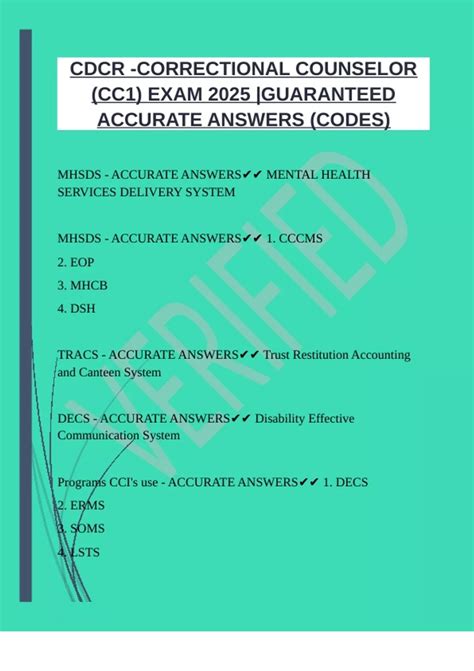 Cdcr Correctional Counselor Cc1 Exam 2025 Guaranteed Accurate Answers Codes Cdcr