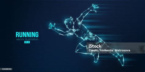 파란색 배경에 달리기 선수의 추상적인 실루엣 주자 남자는 스프린트 또는 마라톤을 달리고 있습니다 벡터 일러스트 레이 션 3차원 형태에 대한 스톡 벡터 아트 및 기타 이미지