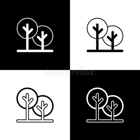 Set Tree Icon Isolated On Black And White Background Forest Symbol Stock Illustration