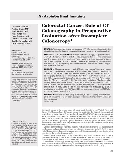 Pdf Colorectal Cancer Role Of Ct Colonography In Preoperative Evaluation After Incomplete