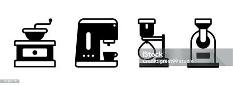 커피숍 도구 아이콘 세트 커피 메이커 장비 아이콘 세트 벡터 그림입니다 수동 분쇄기 에스프레소 머신 사이펀 및 로스터와 같은