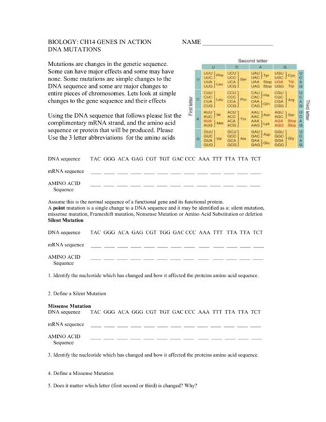 DNA Mutations Worksheet Genes In Action