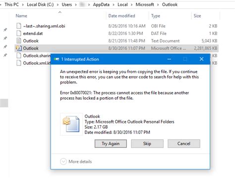 Windows Trying To Copy Outlooks Pst File While Its Open Results In File Lock Error Super User
