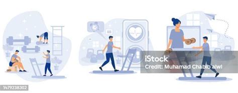 피트니스 블로그 및 운동 앱 개념 작은 사람들은 스포츠 훈련입니다 활동적인 라이프 스타일과 피트니스 훈련 평면 벡터 현대 그림 설정 강사에 대한 스톡 벡터 아트 및 기타