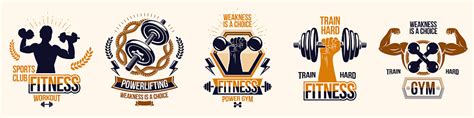 체육관 피트니스 스포츠 엠블럼과 로고 벡터 세트 바벨 아령 케틀벨과 근육 바디 맨 실루엣과 손 운동 운동 스포츠 클럽 활동적인