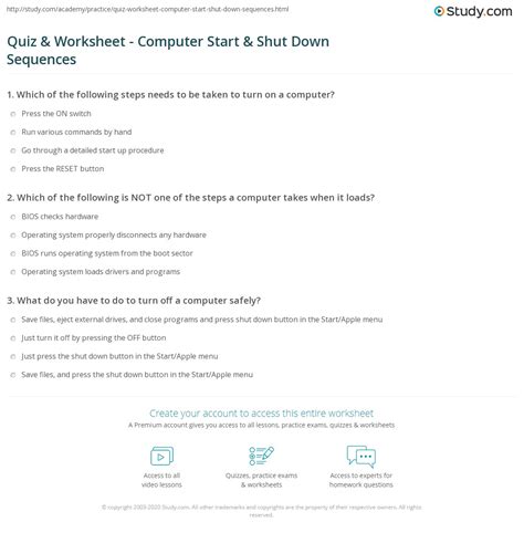 Quiz And Worksheet Computer Start And Shut Down Sequences