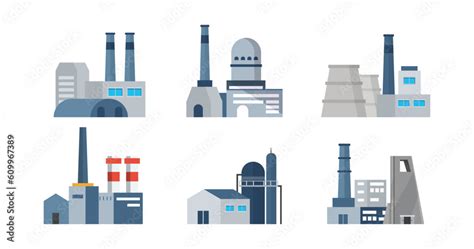 Set Of Power Stations And Plants For Energy Generation Different Types Of Factory Buildings Of
