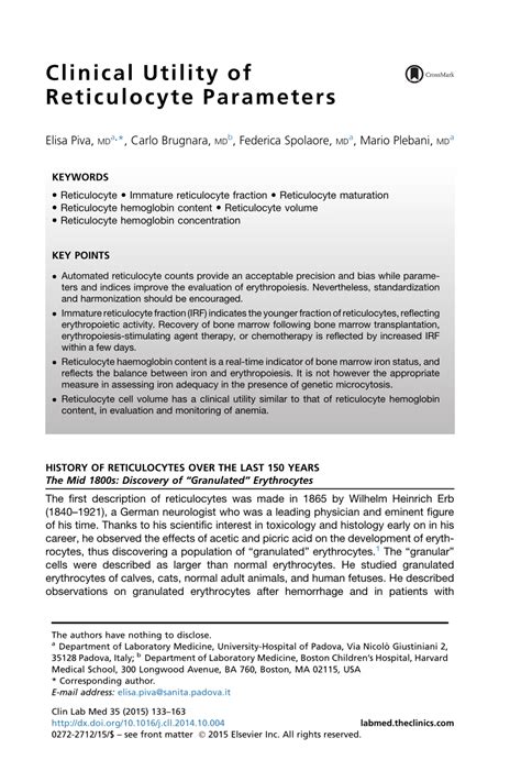 Pdf Clinical Utility Of Reticulocyte Parameters