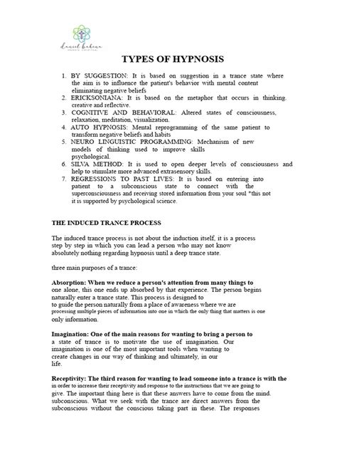 Types And Techniques Of Hypnosis Pdf Hypnosis Relaxation Psychology