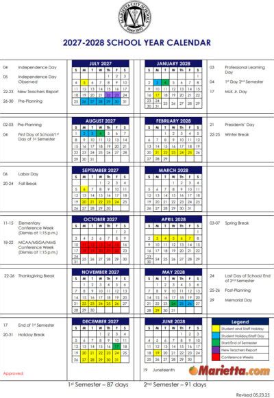 Marietta City School Calendar 2027 2028
