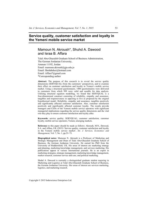 Pdf Service Quality Customer Satisfaction And Loyalty In The Yemeni Mobile Service Market