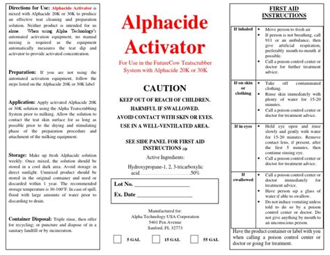 Alphacide Activator Label Pdf First Aid Materials
