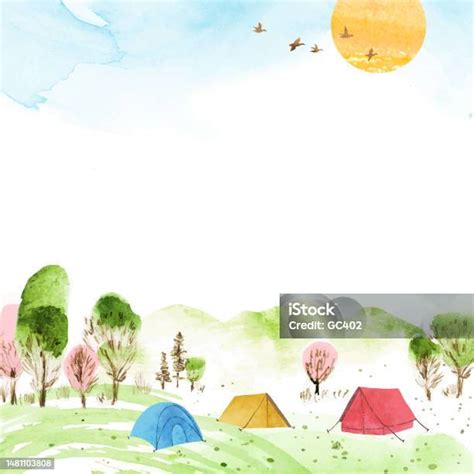 봄 여행 개념입니다 텐트 오리 태양 및 텍스트를 위한 장소가 있는 수채화 프레임 수채화 질감의 콜라주 전단지 웹 배너 포스터 초대장 디자인 수채화에 대한 스톡 벡터 아트 및