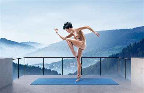 Beautiful Naked Woman Practicing Yoga Poses On Nature Outdoors Stock