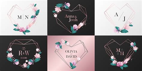 웨딩 모노그램 로고 컬렉션 수채화 스타일에서 꽃으로 장식 된 로즈 골드 하트 프레임 무료 벡터