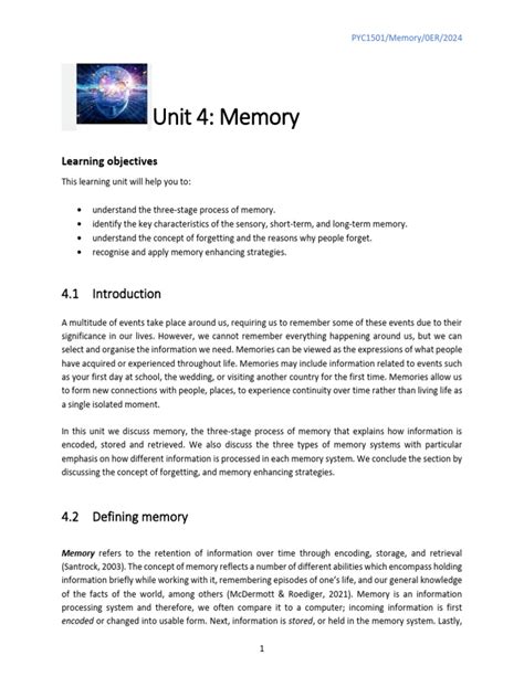 Pyc1501 Unit 4 Memory Oer 1 Pdf Memory Recall Memory