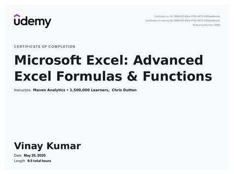 Earned Certificate In Advanced Excel Formulas And Functions Vinay Kumar