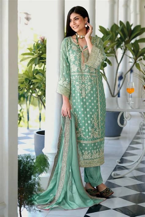 Buy Sea Green Embroidery Work Organza Pant Style Suit Online